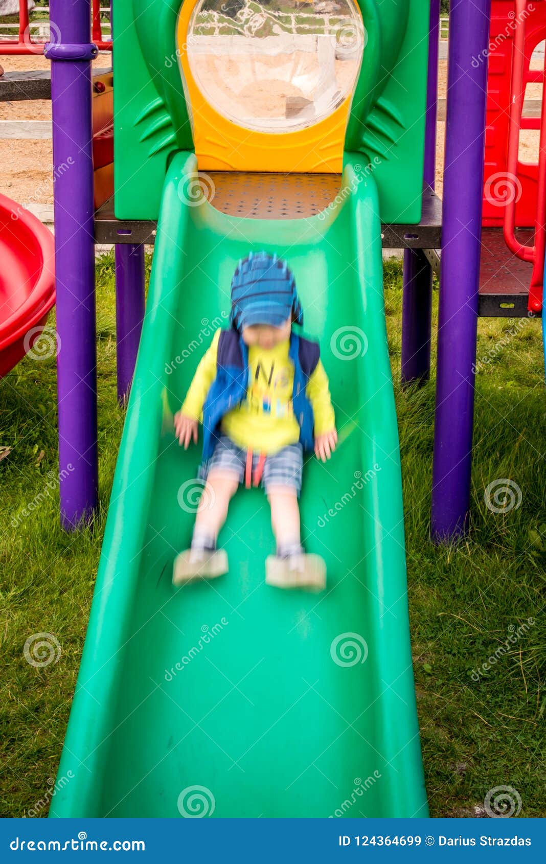 Active Boy at Playground, Sliding Down Stock Image - Image of little ...