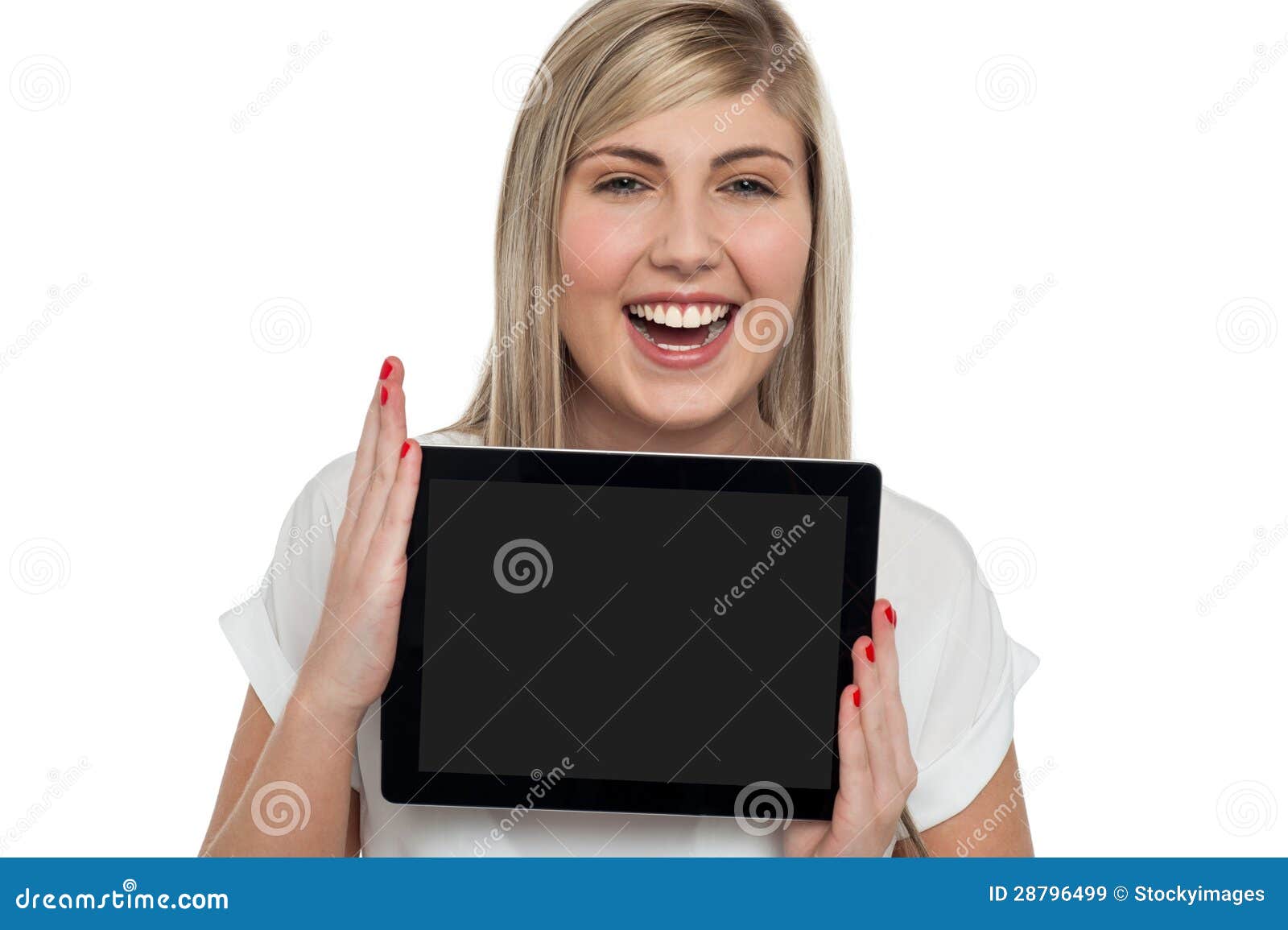 Active Caucasian Girl Displaying Tablet Device Stock Image - Image of ...