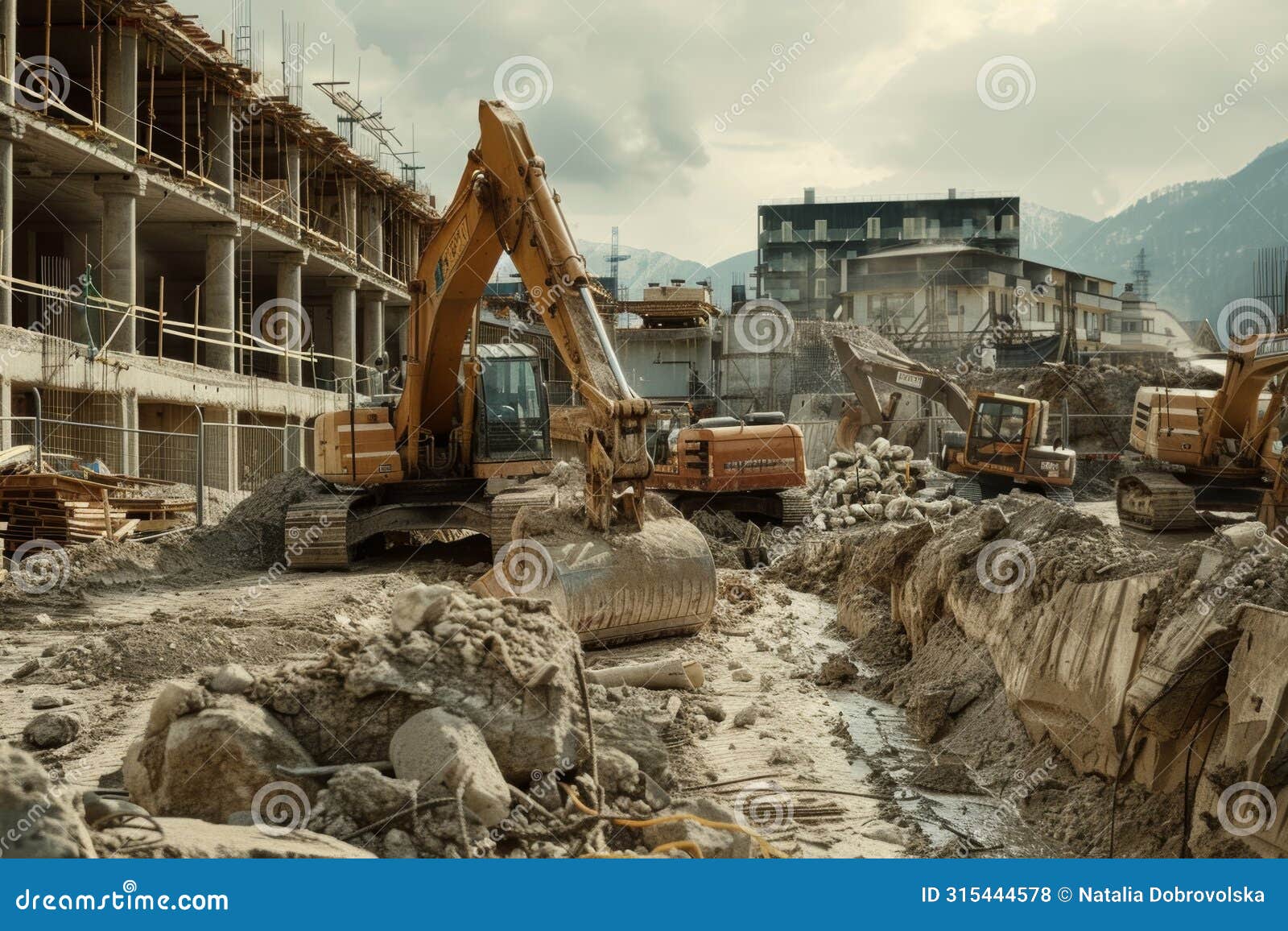 Active Construction Site with Workers, Machines, and Scaffolding ...