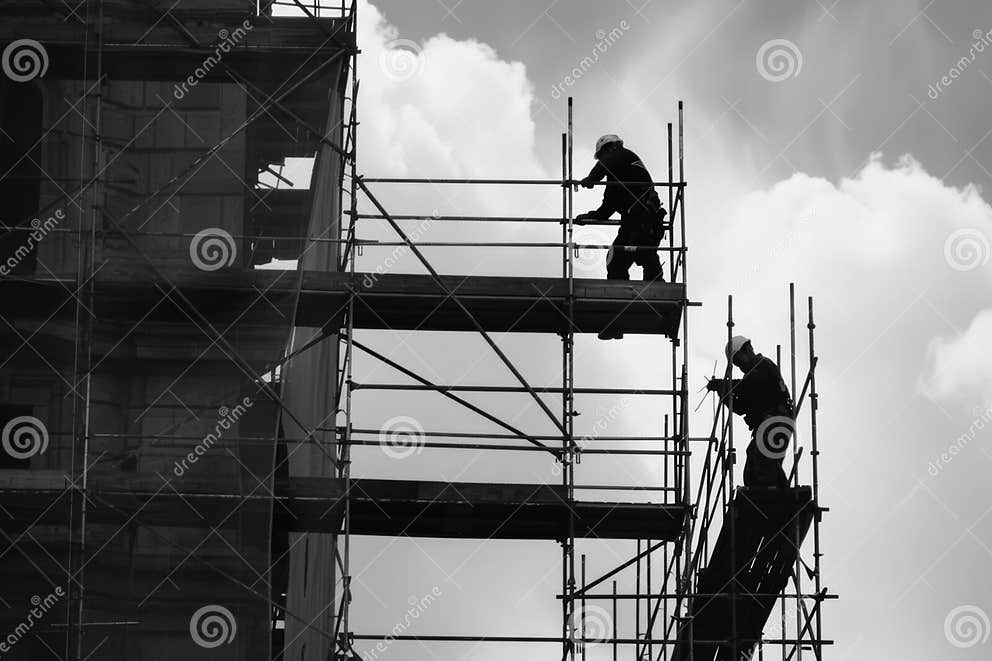 Active Construction Site with Workers, Machines, and Scaffolding ...
