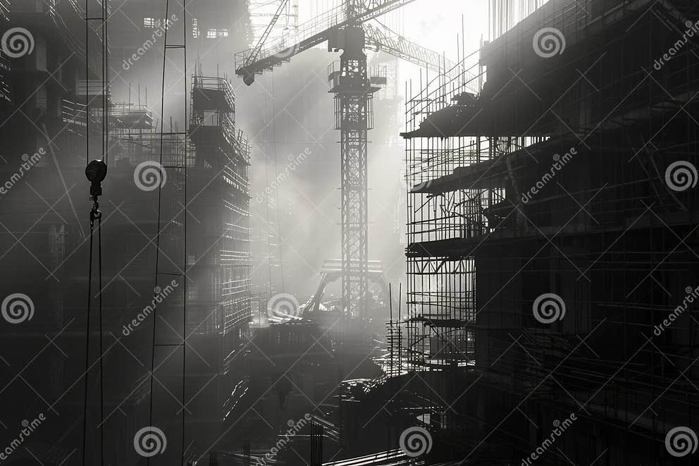 Active Construction Site with Workers, Machines, and Scaffolding ...