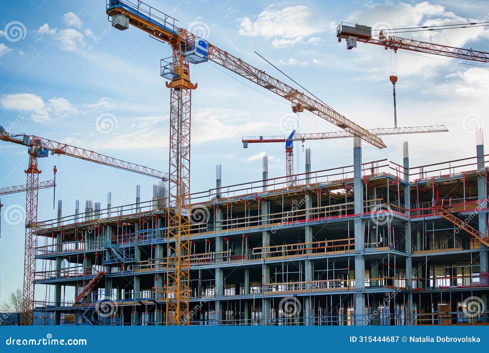 Active Construction Site with Workers, Machines, and Scaffolding ...