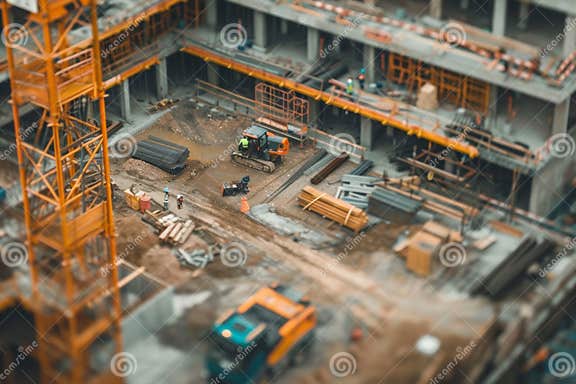 Active Construction Site with Workers, Machines, and Scaffolding ...