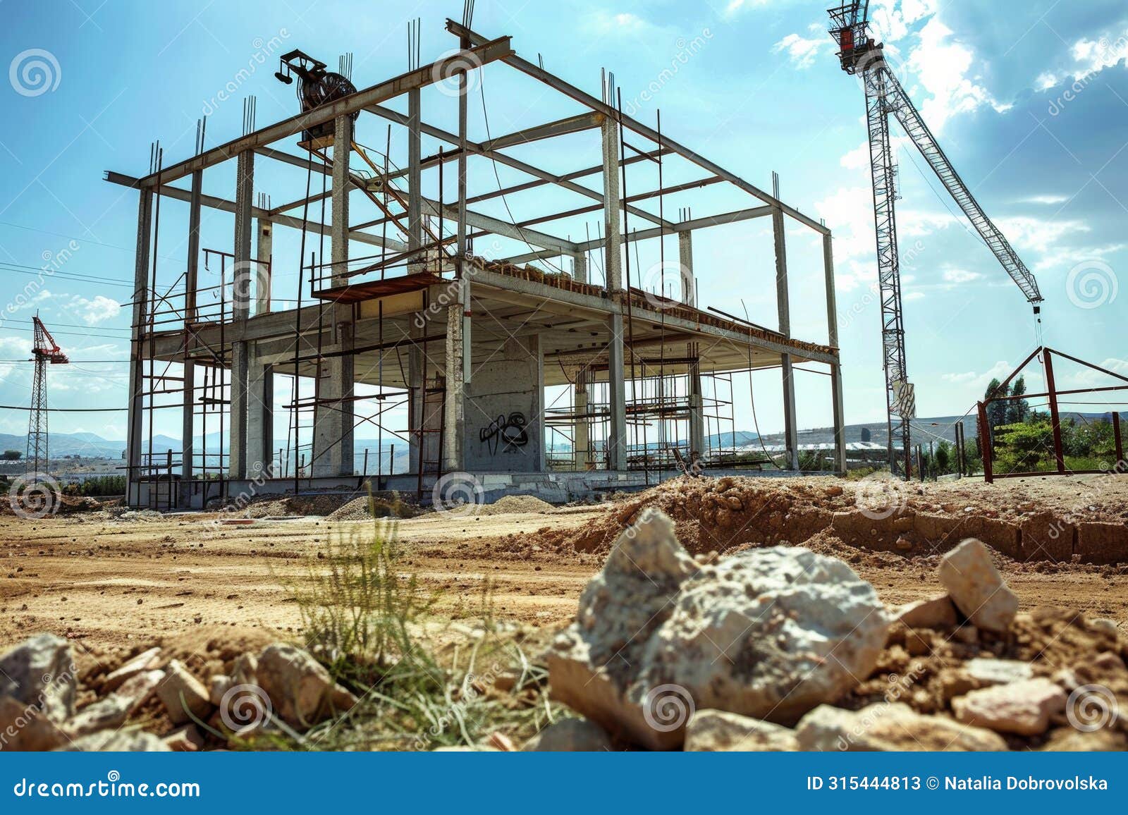 Active Construction Site with Workers, Machines, and Scaffolding ...