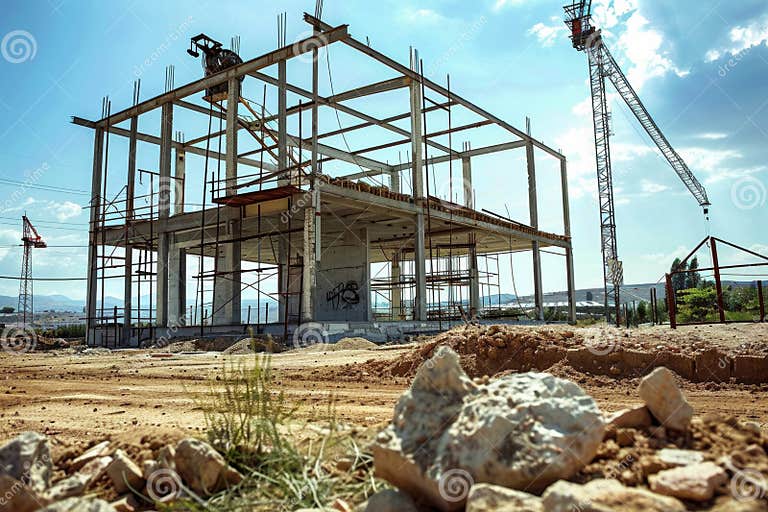 Active Construction Site with Workers, Machines, and Scaffolding ...