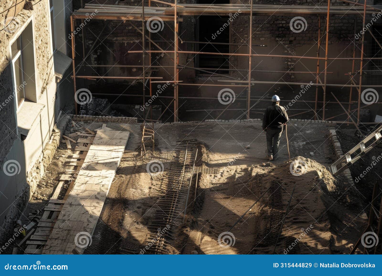 Active Construction Site with Workers, Machines, and Scaffolding ...