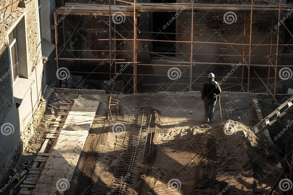 Active Construction Site with Workers, Machines, and Scaffolding ...