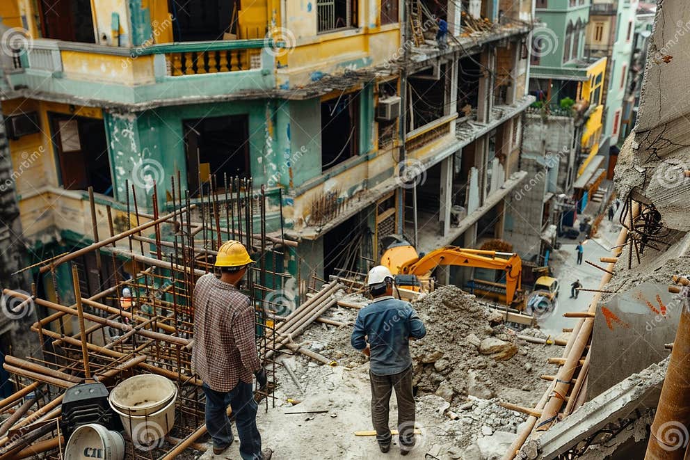 Active Construction Site with Workers, Machines, and Scaffolding ...
