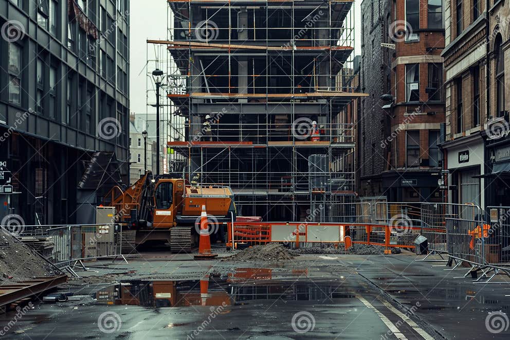 Active Construction Site with Workers, Machines, and Scaffolding ...