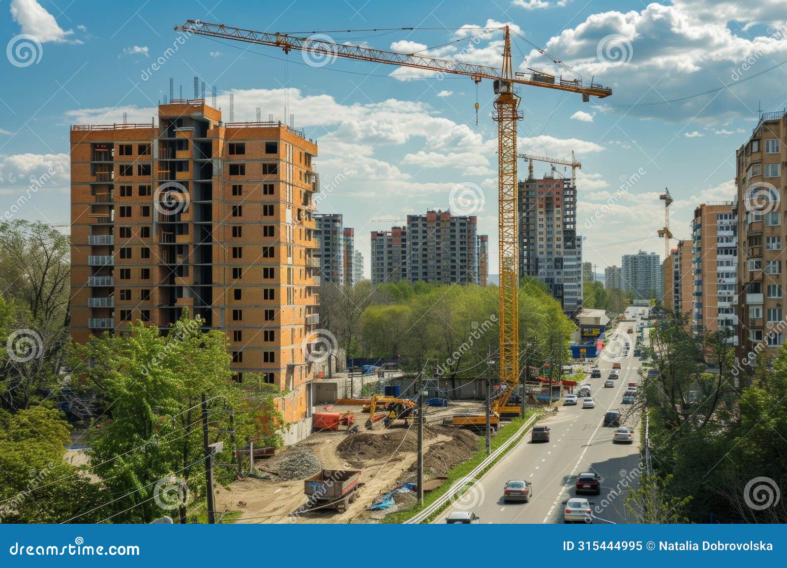 Active Construction Site with Workers, Machines, and Scaffolding ...