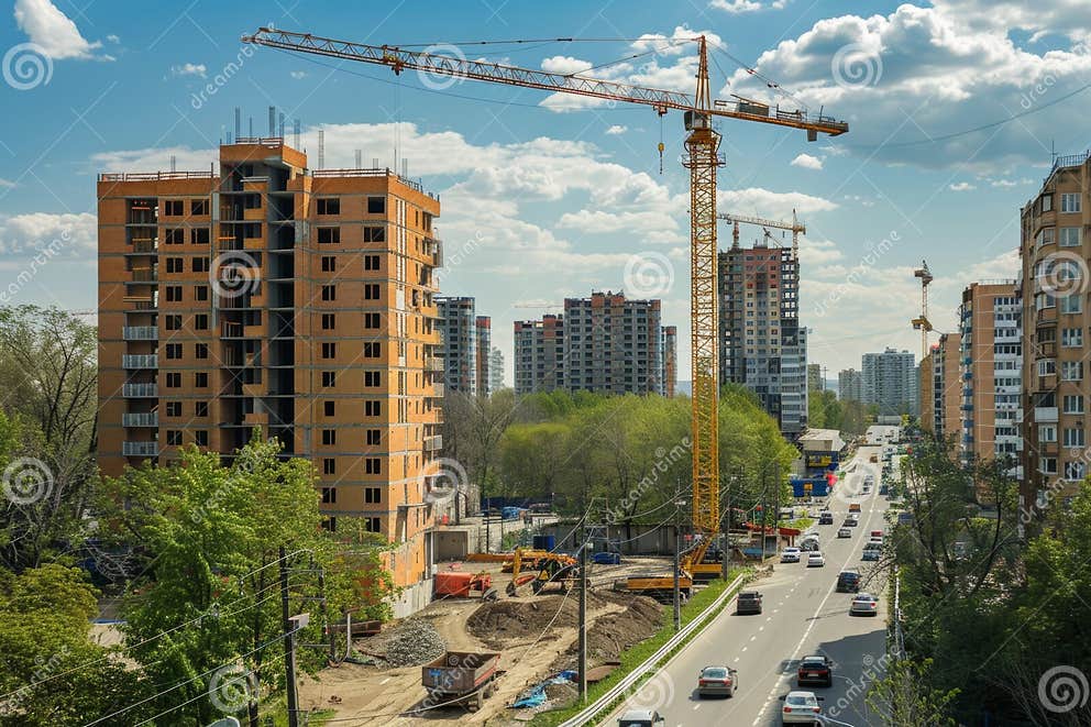 Active Construction Site with Workers, Machines, and Scaffolding ...
