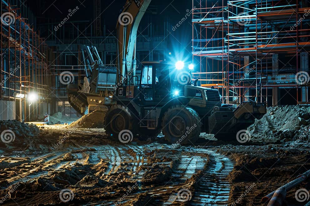 Active Construction Site with Workers, Machines, and Scaffolding ...