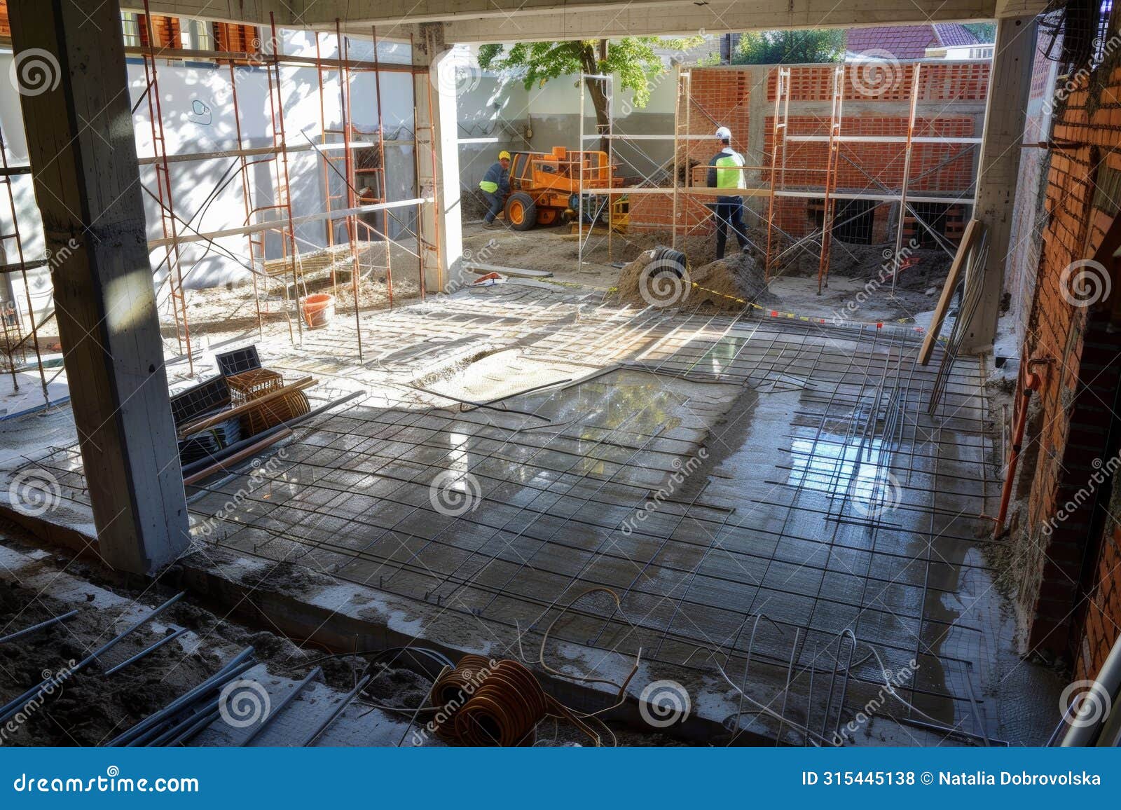 Active Construction Site with Workers, Machines, and Scaffolding ...