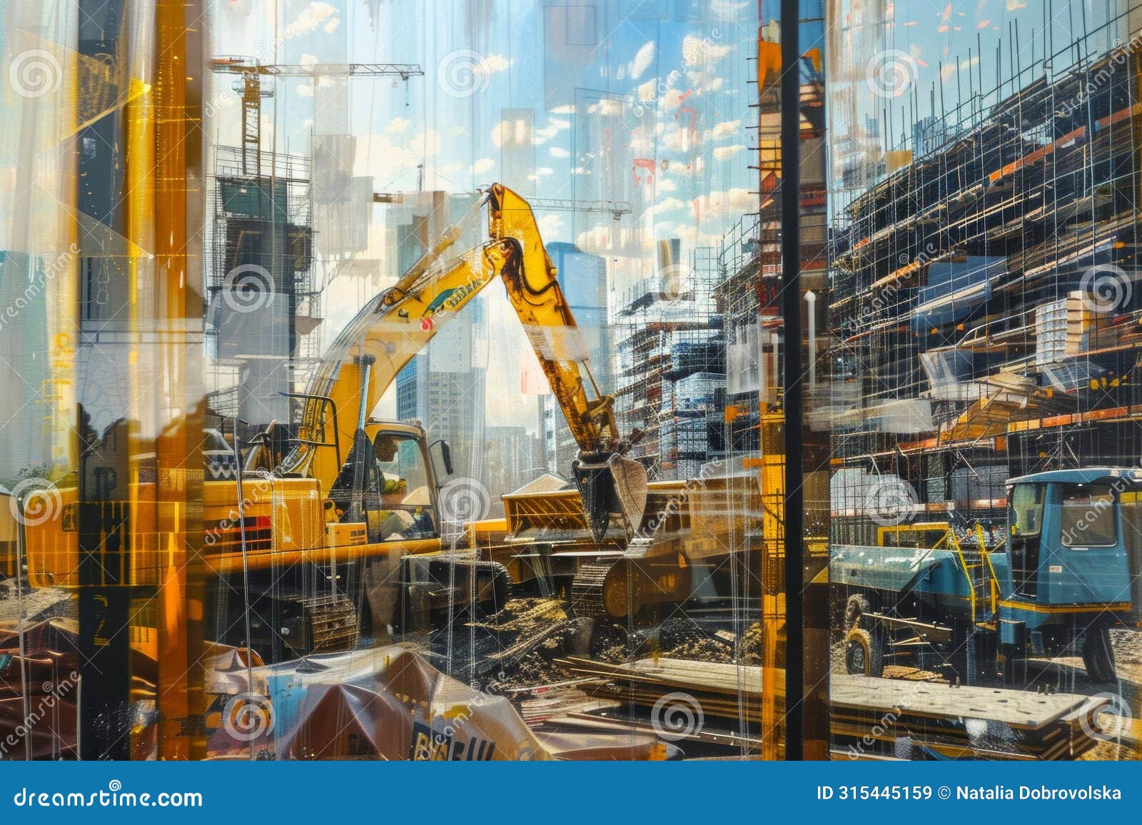 Active Construction Site with Workers, Machines, and Scaffolding ...