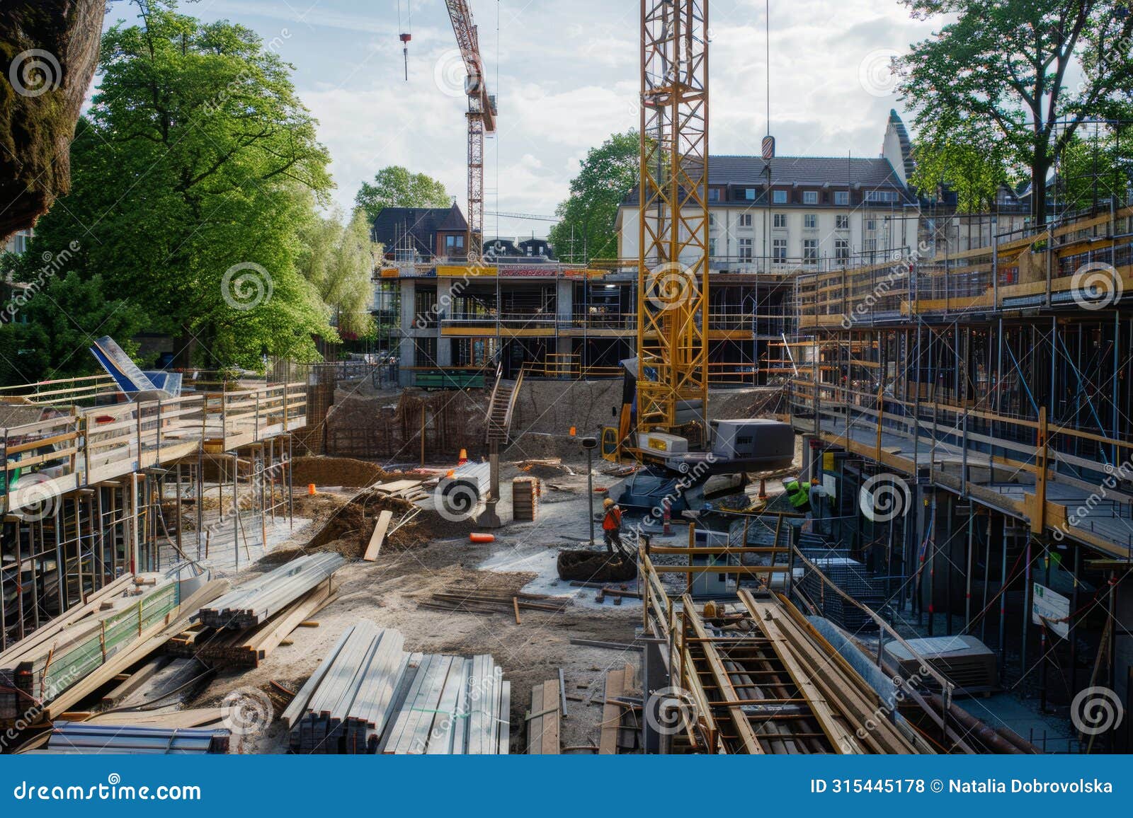 Active Construction Site with Workers, Machines, and Scaffolding ...