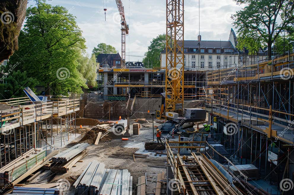 Active Construction Site with Workers, Machines, and Scaffolding ...