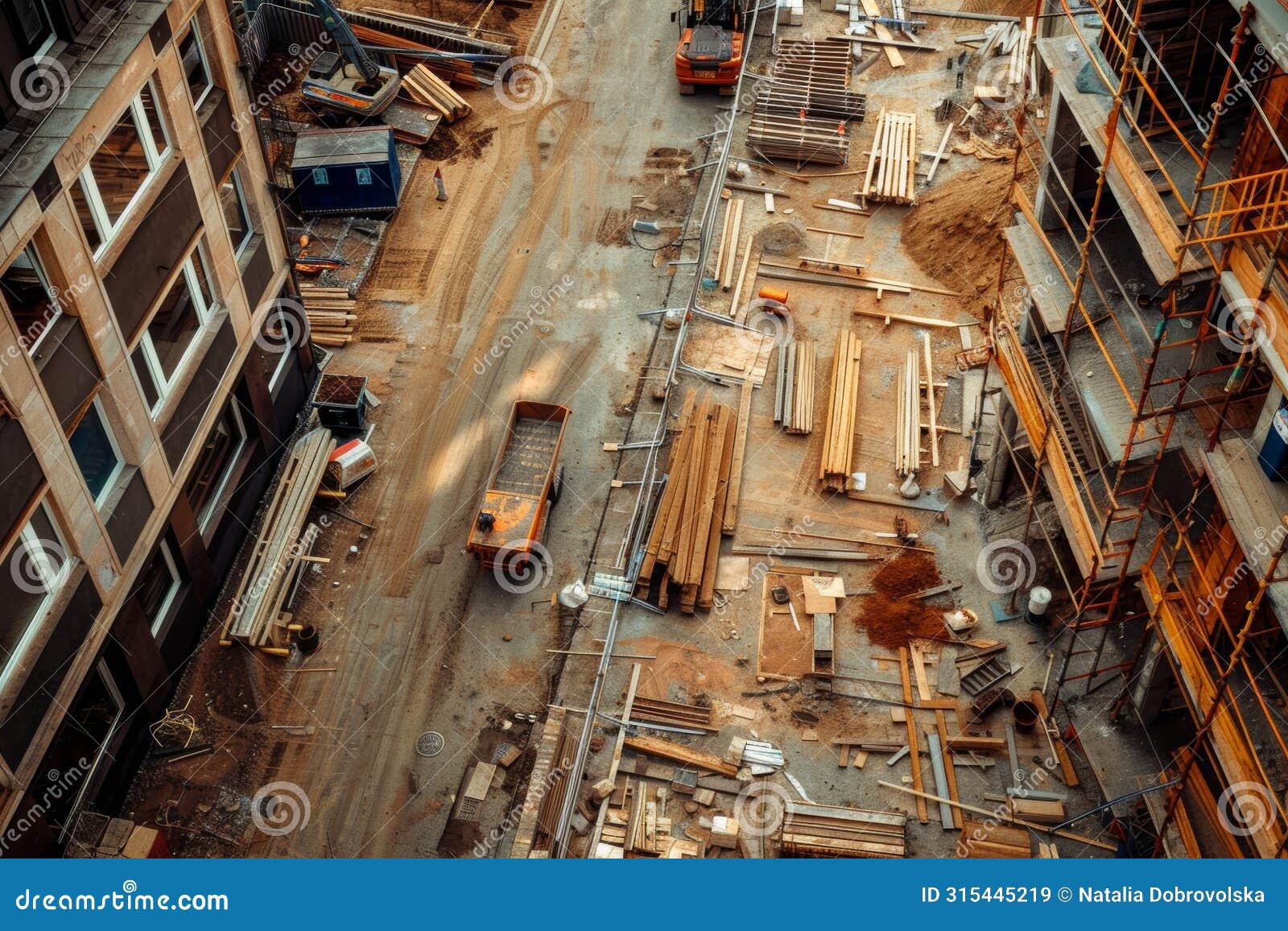 Active Construction Site with Workers, Machines, and Scaffolding ...