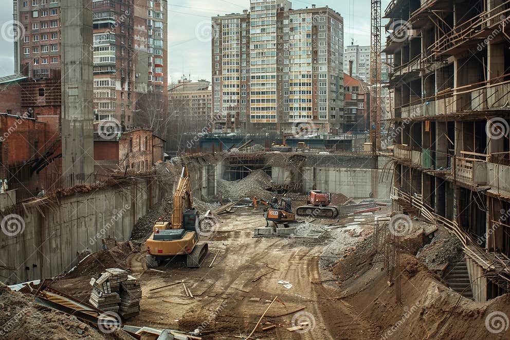 Active Construction Site with Workers, Machines, and Scaffolding ...
