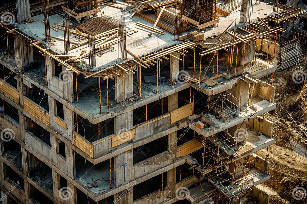 Active Construction Site with Workers, Machines, and Scaffolding ...