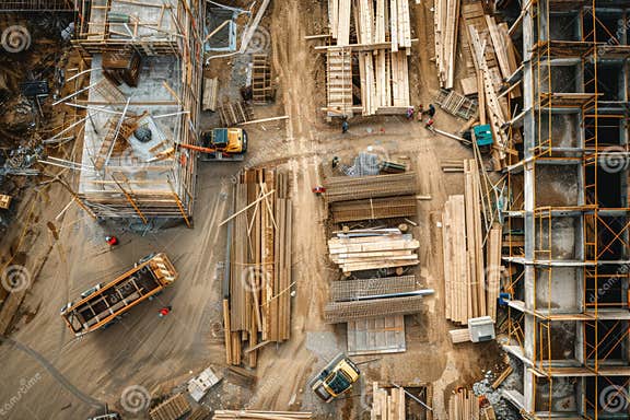 Active Construction Site with Workers, Machines, and Scaffolding ...