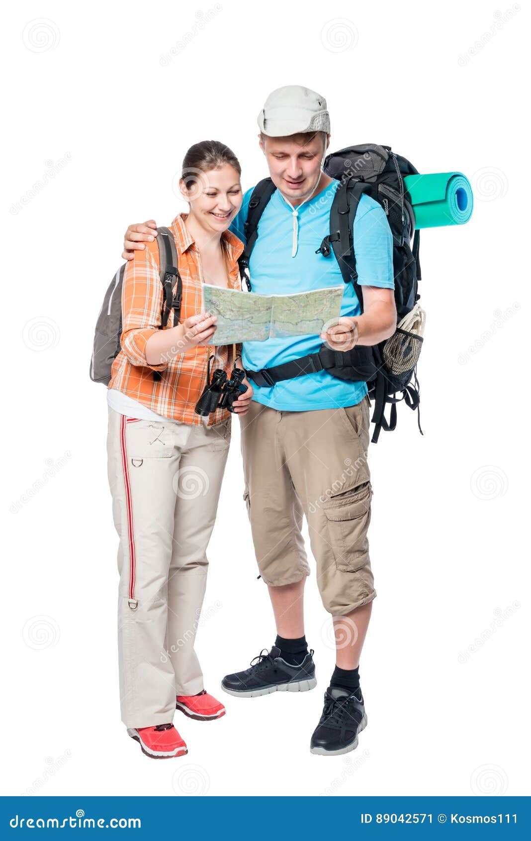 Active Couple with Backpacks and Map on a White Stock Image - Image of ...
