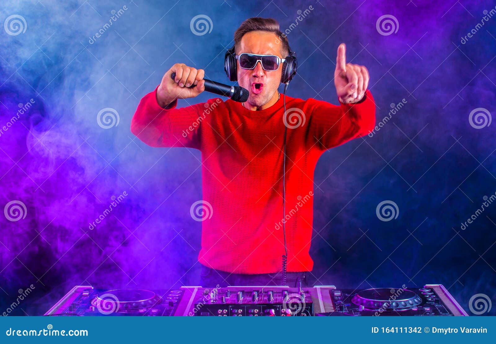Active DJ with Microphone in Night Club Stock Photo - Image of club ...