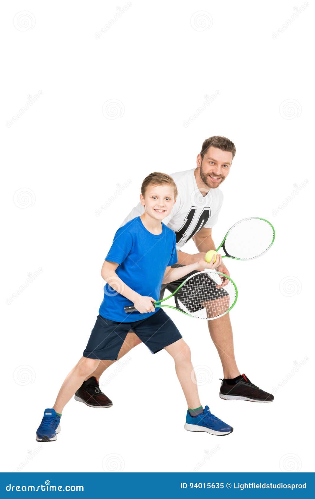 Active Father and Son with Tennis Racquets Isolated on White Stock ...