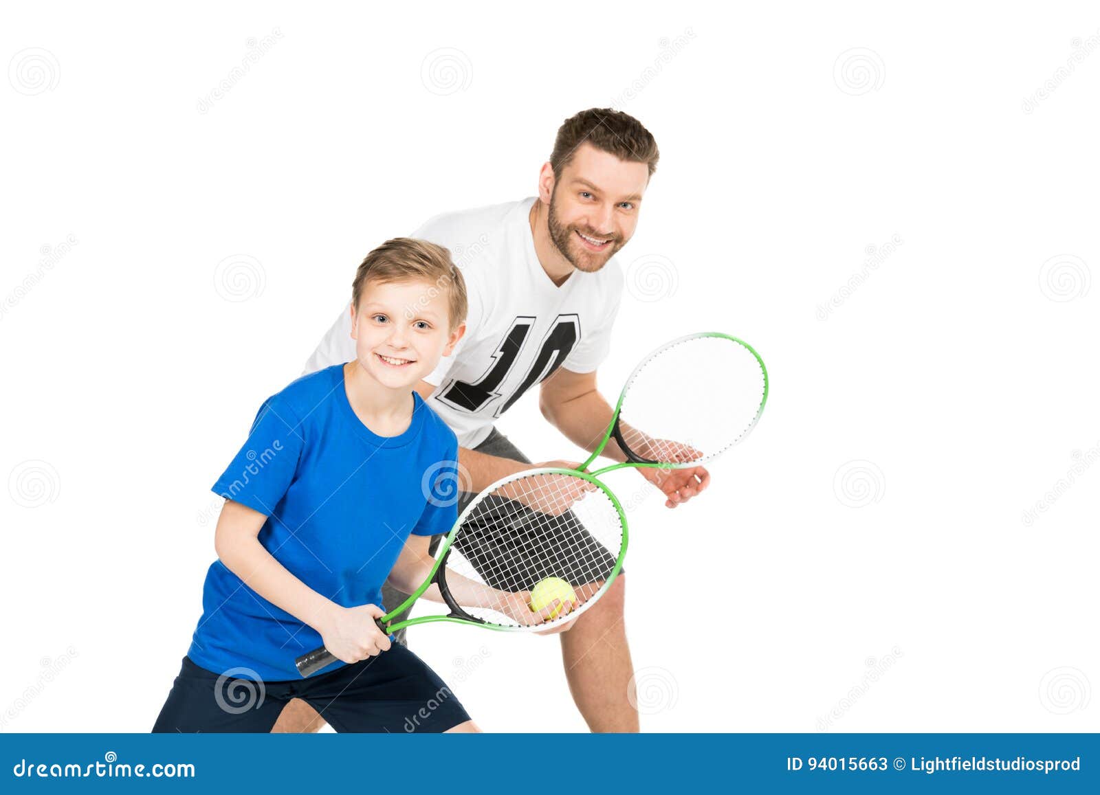 Active Father and Son with Tennis Racquets Isolated on White Stock ...