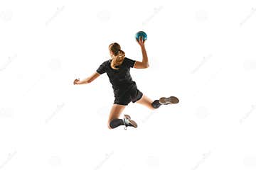 Active Female Handball Player Demonstrating Throwing Techniques ...