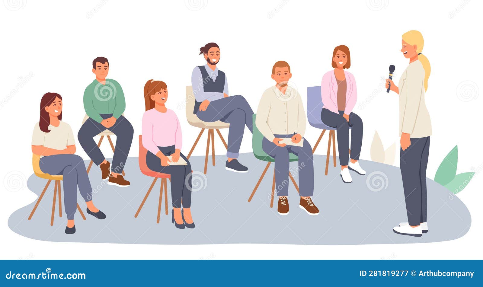 Active Female Holding Microphone and Talking To Group of Young People ...