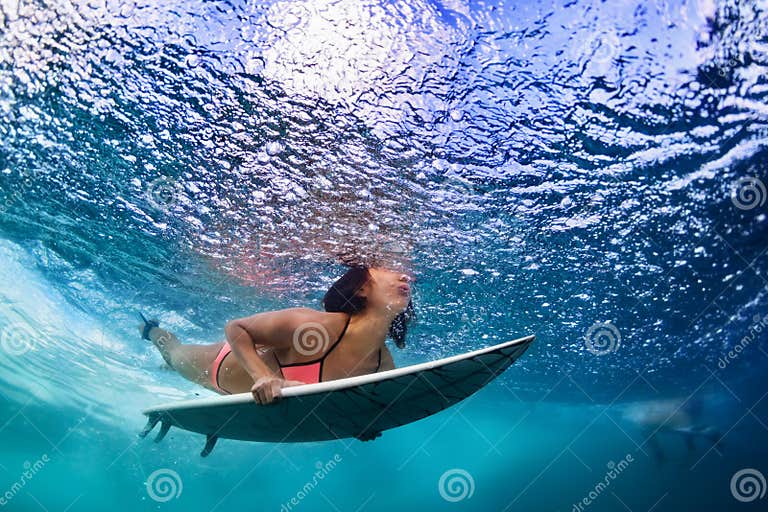 Active Girl In Bikini In Dive Action On Surf Board Stock Image Image