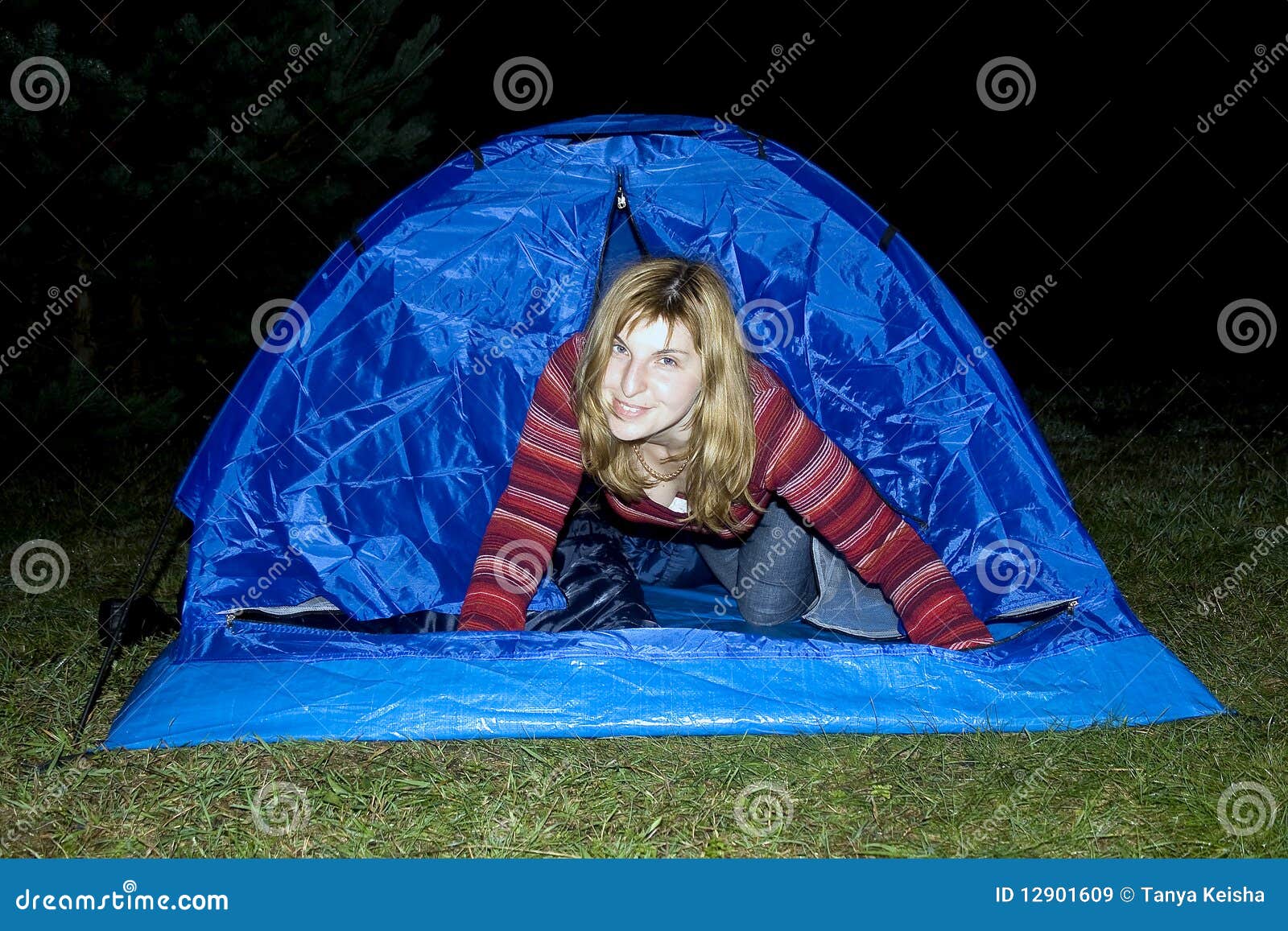 Active Girl in the Blue Tent Stock Image - Image of night, grass: 12901609