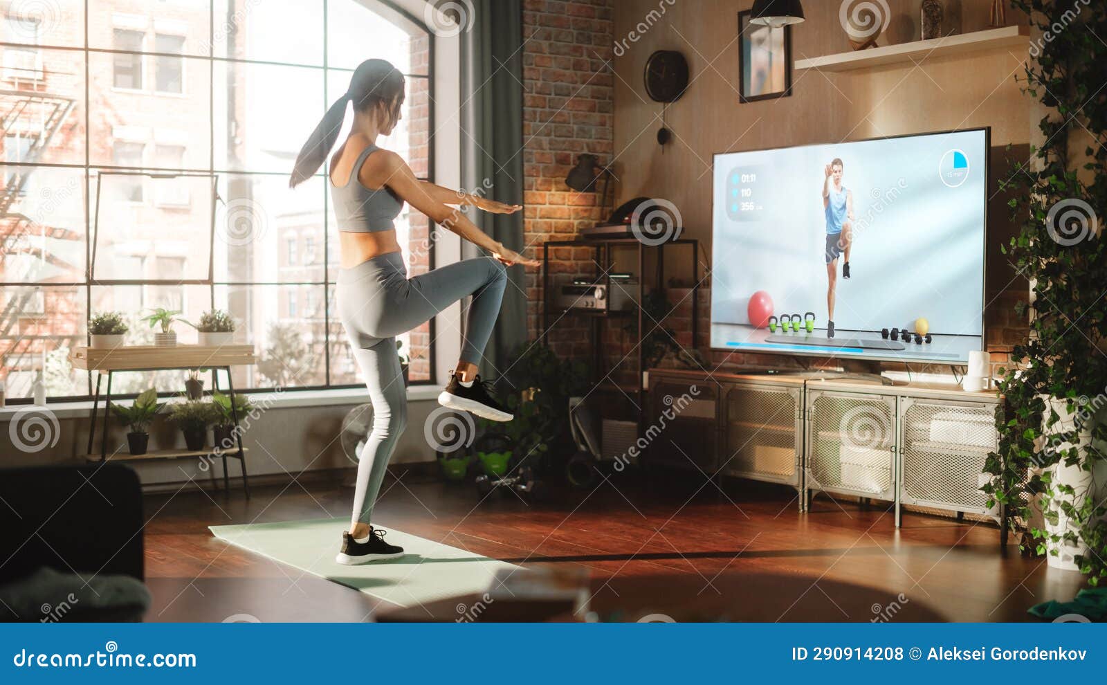 Active Girl Workout, Watching Personal Trainer through Online Video ...