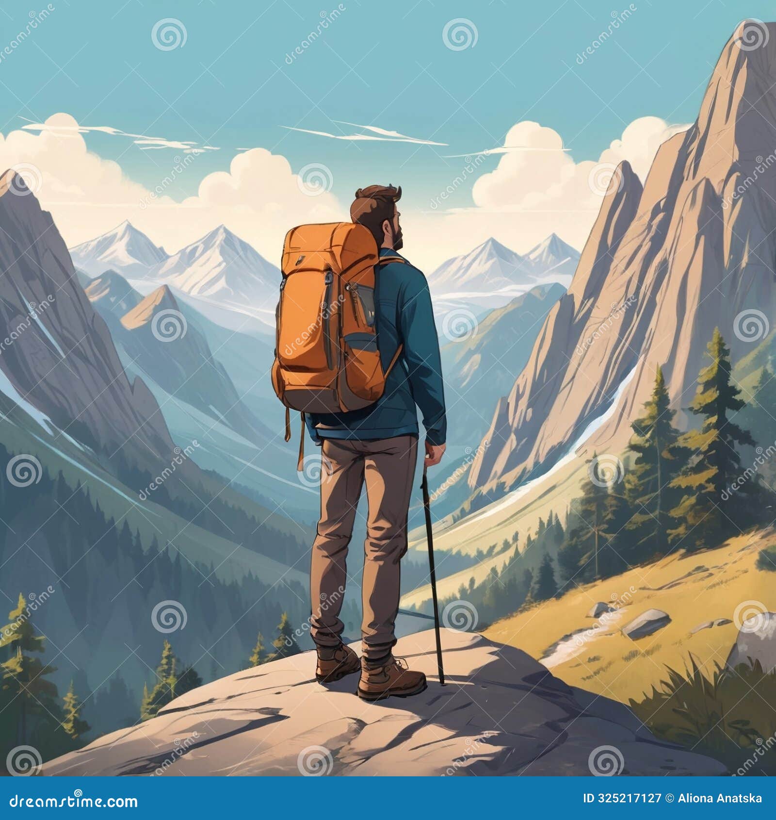 Active Hiker Enjoying The View, Conquered The Summit Joyful Raised Arms ...