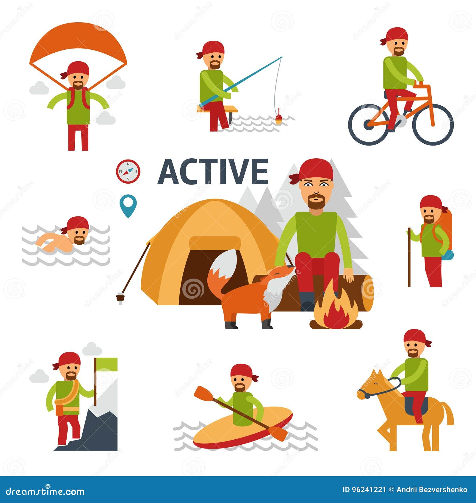 Active Infographic Elements. Man Relaxing by Fire in Forest with Wild ...