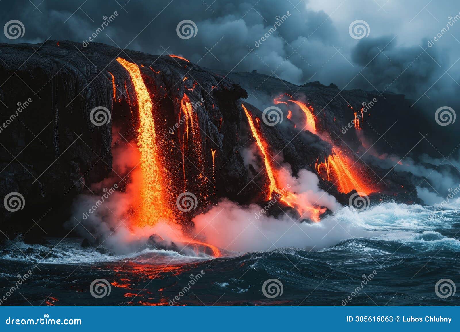 Active Lava Flow Volcanic Eruption Magma Touching the Ocean Stock ...