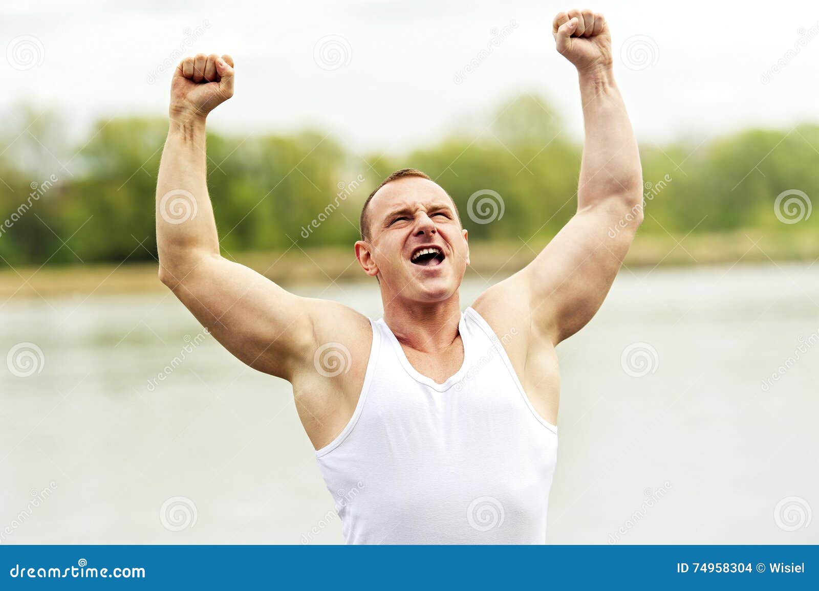 Active Man with Arms Up Wining. Stock Photo - Image of lifestyle ...