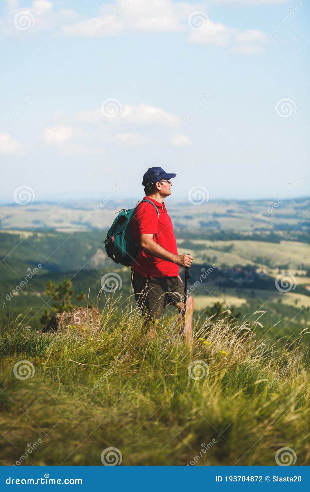 Active Man with Backpack Hiking in Mountain Forest Stock Photo - Image ...