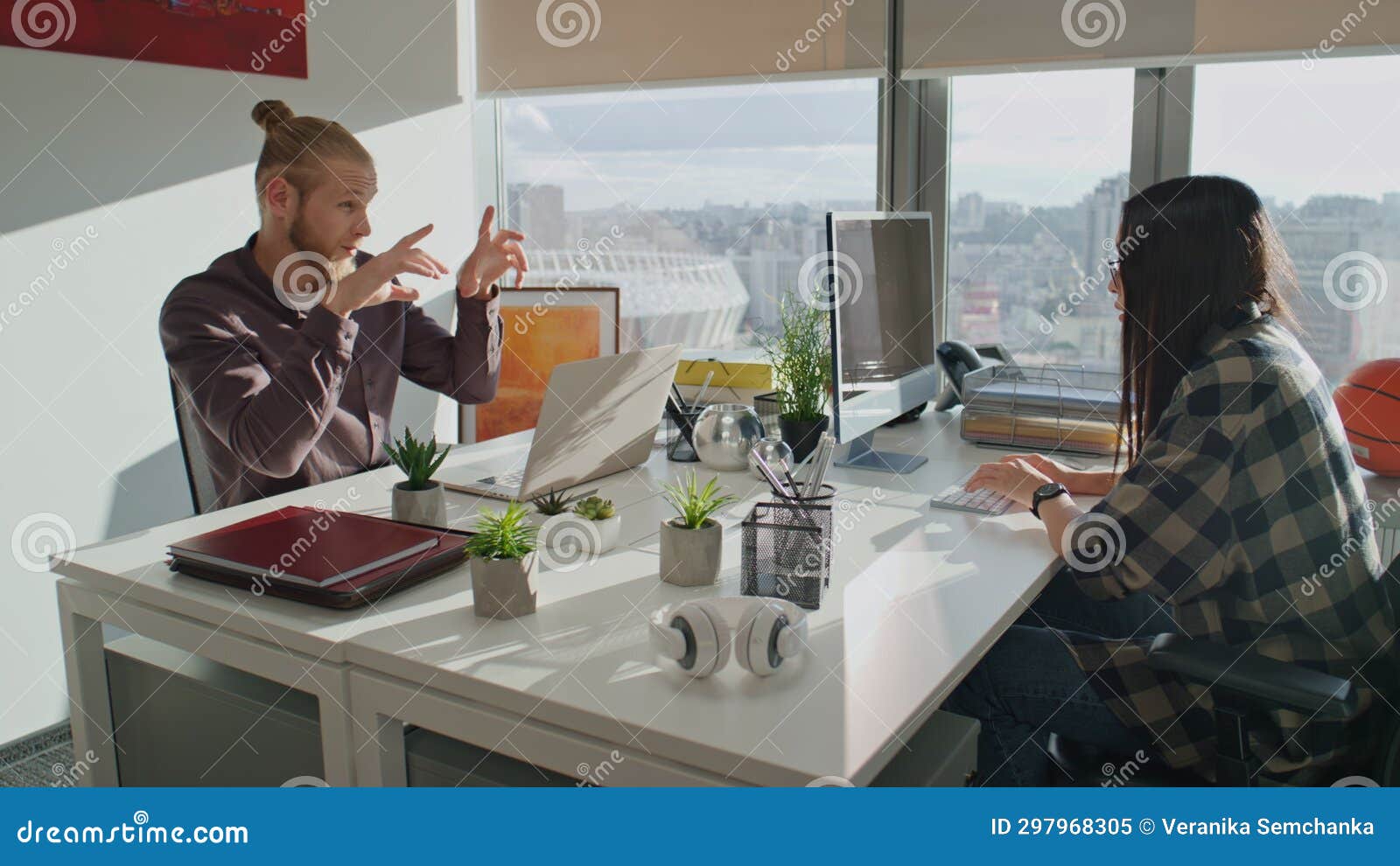 Active Man Talking Woman at Creative Space Close Up. Motivated Partners ...