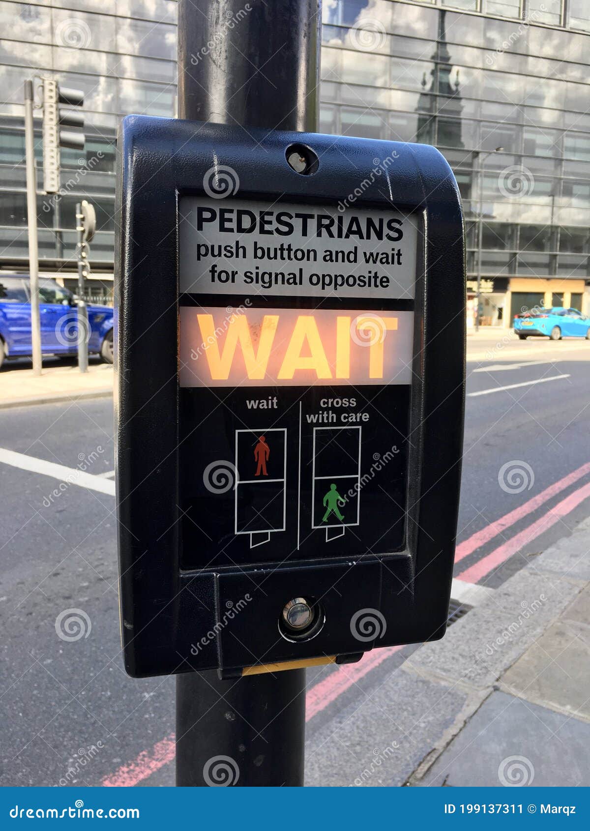 Pedestrian wait sign, UK stock image. Image of pedestrian - 199137311