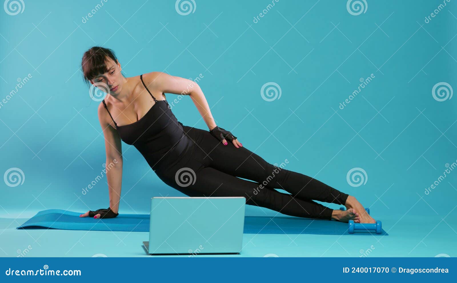 Active Person Doing Physical Exercise with Online Workout on Laptop ...