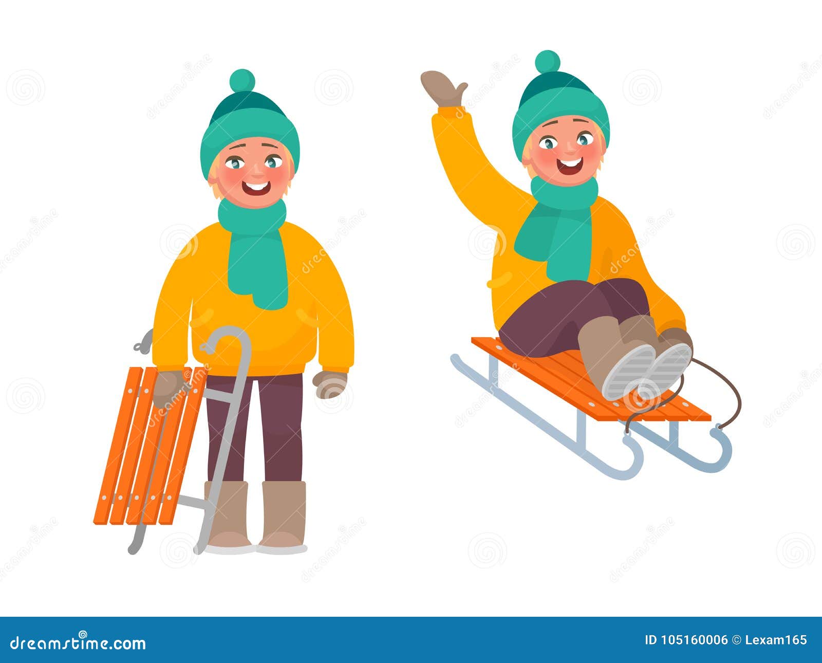Active Rest in Winter. the Boy is Riding a Sled Stock Illustration ...