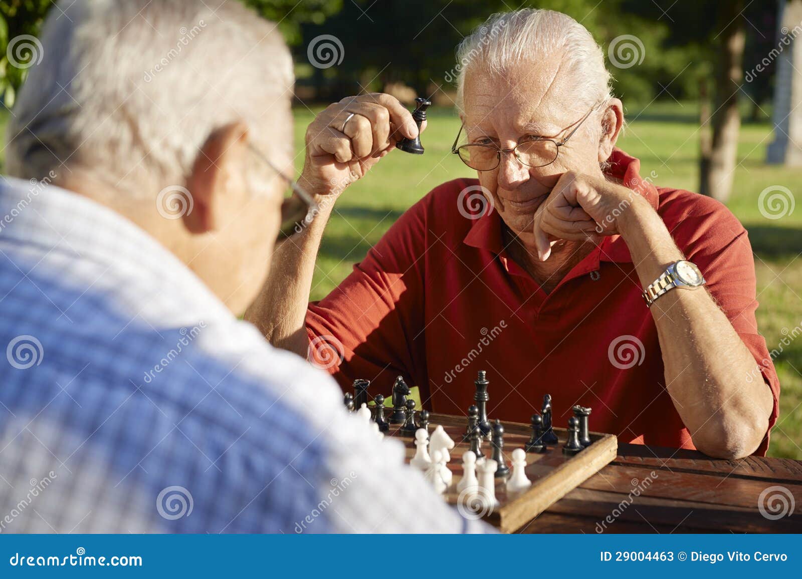Active Retired Seniors, Two Old Men Playing Chess At Park Stock Image ...