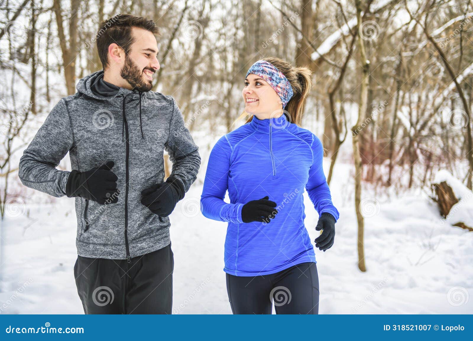 Active Runner Couple Jogging Together in Forest Stock Image - Image of female, snow: 318521007