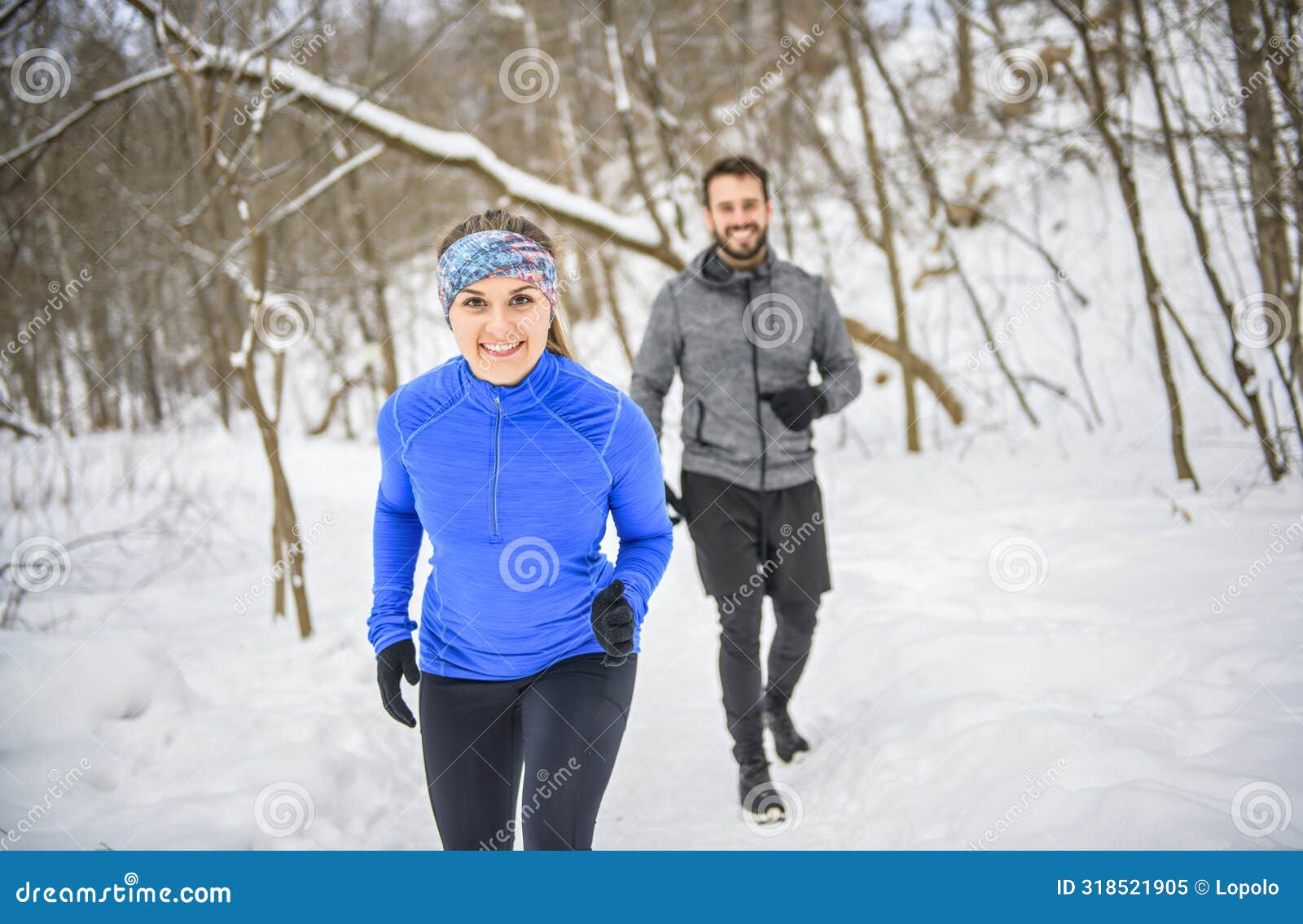 Active Runner Couple Jogging Together in Forest Stock Image - Image of ...