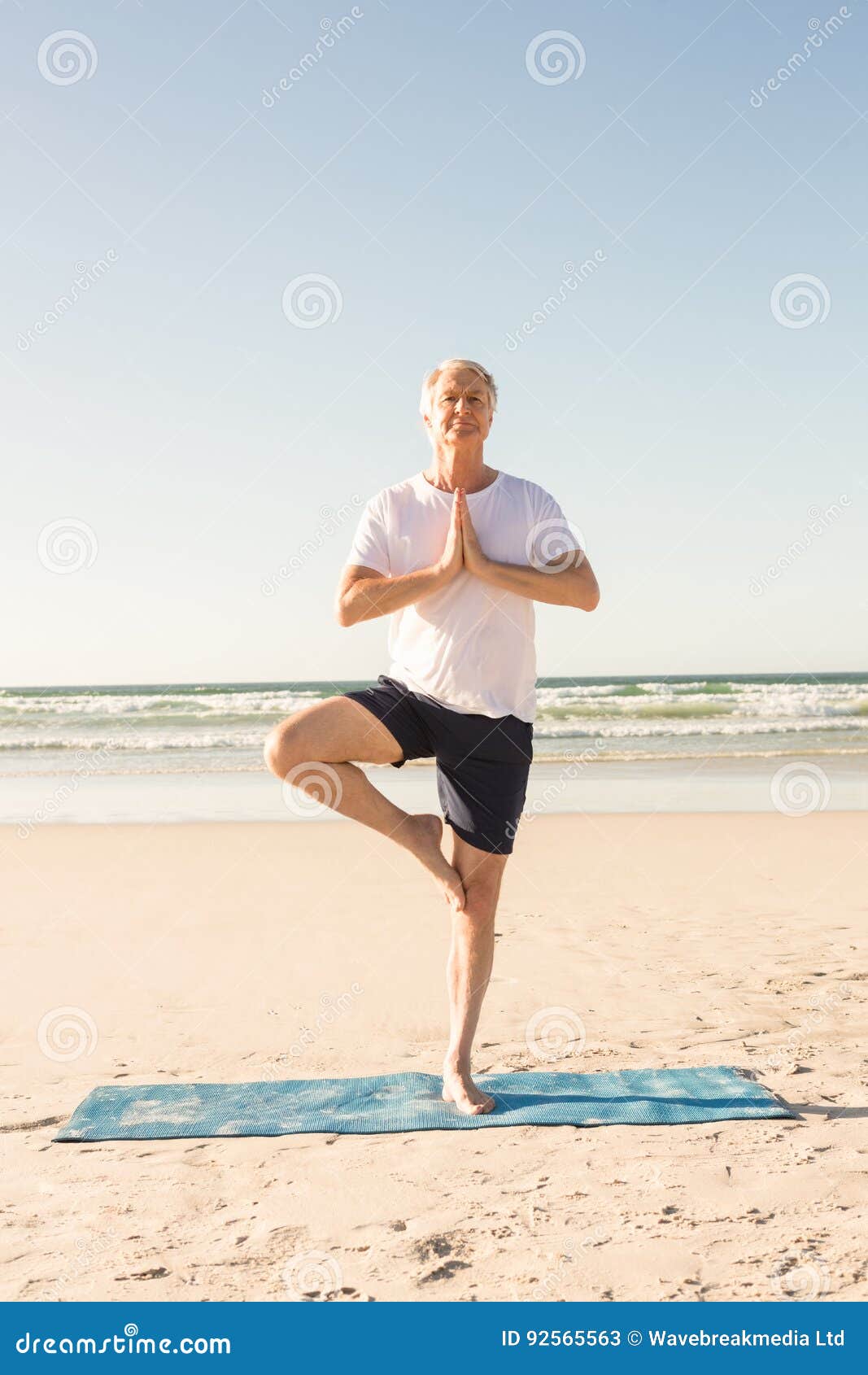 Active Senior Man Practicing Tree Pose at Beach Stock Image - Image of ...