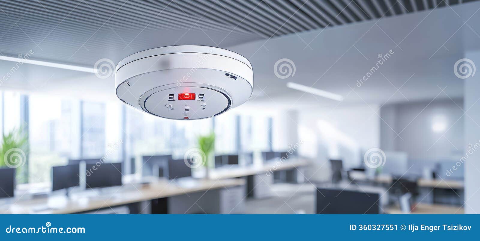 Active Smoke Detector On Ceiling With Red Warning Light In Hazy Room ...