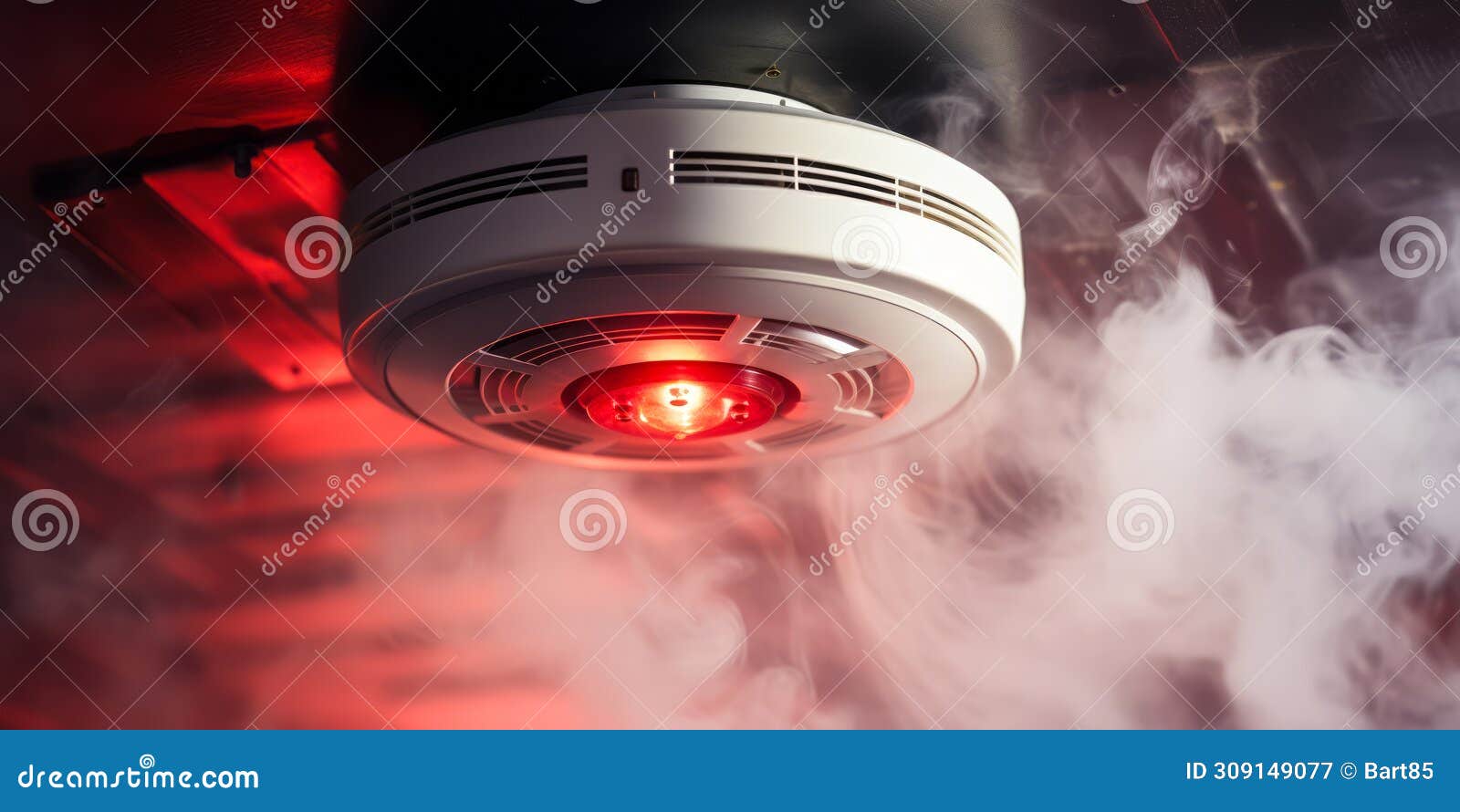 Active Smoke Detector On Ceiling With Red Warning Light In Hazy Room ...