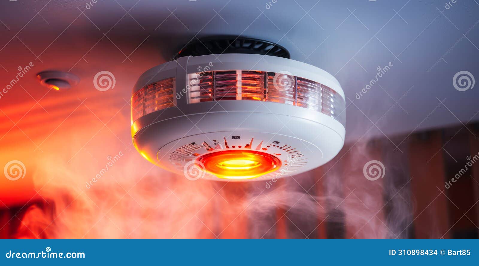 Active Smoke Detector on Ceiling with Red Warning Light in Hazy Room ...
