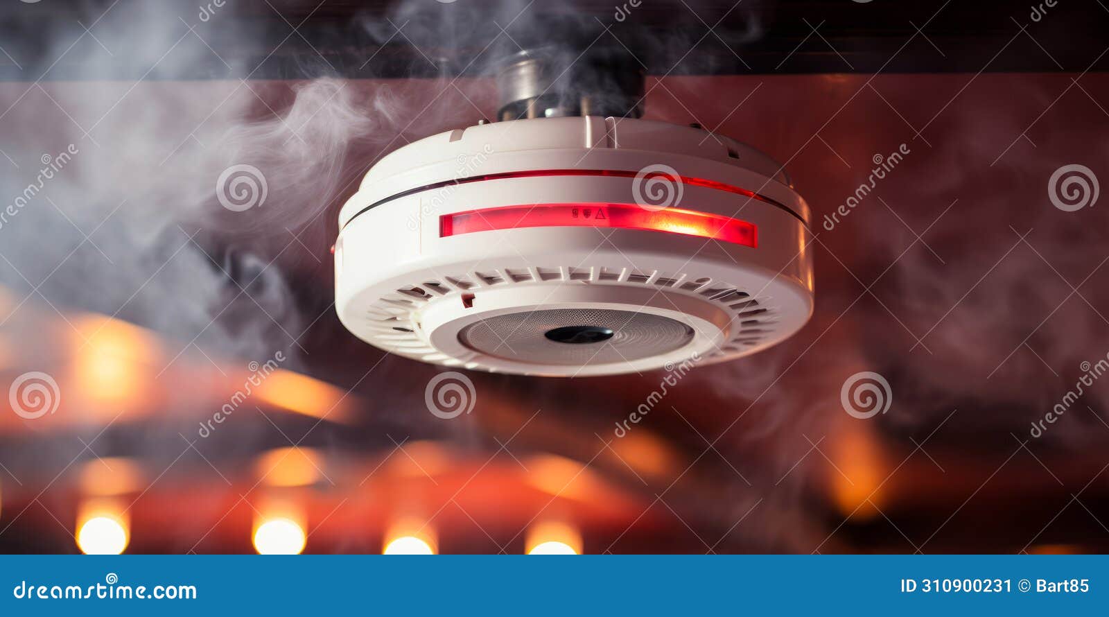 Active Smoke Detector on Ceiling with Red Warning Light in Hazy Room ...